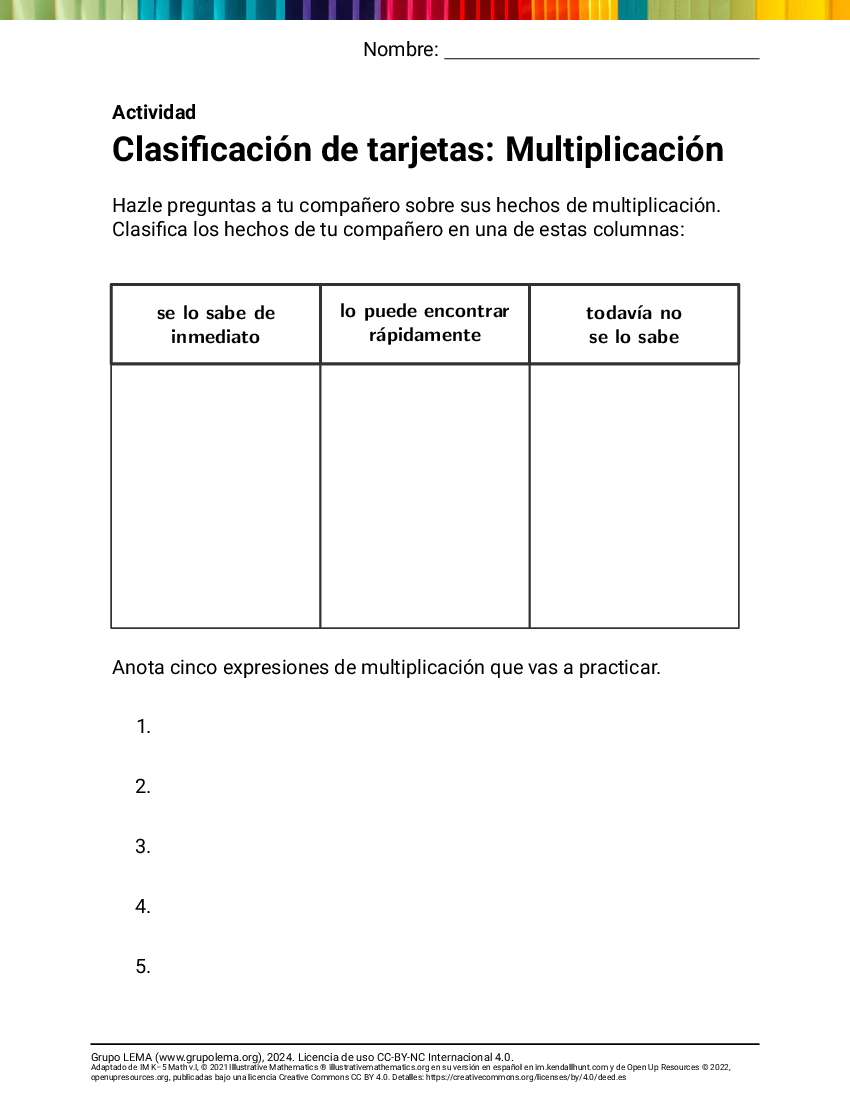 Hoja de registro para clasificar tarjetas de multiplicación